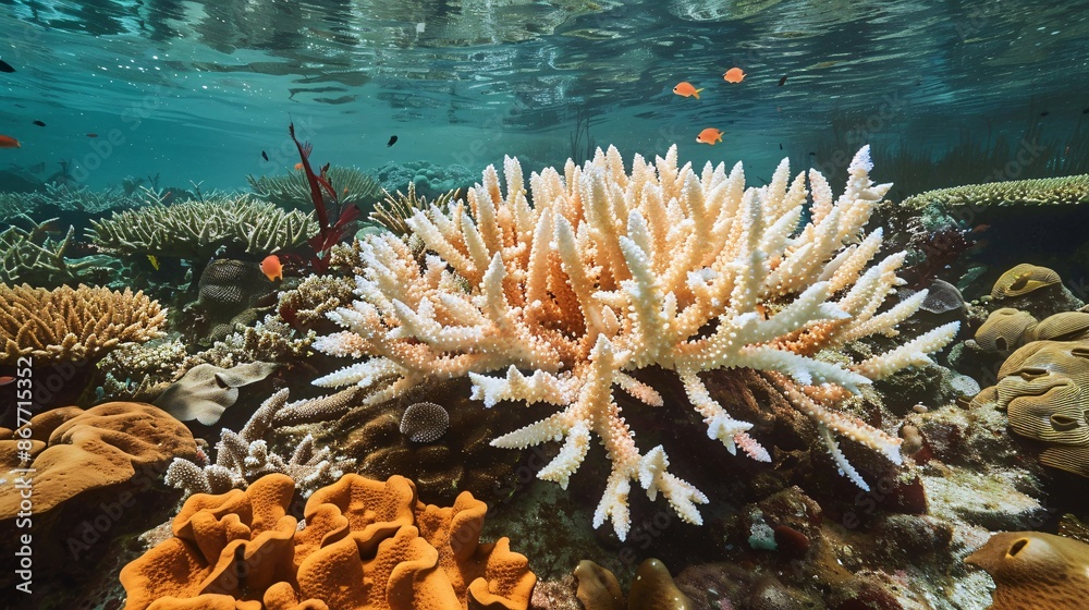 Coral reefs affected by bleaching, highlighting the impact of climate ...