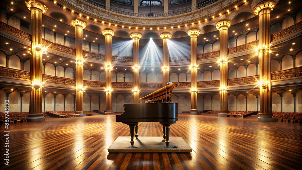 Elegant podium stands empty, spotlight shining, in front of a crowded ...