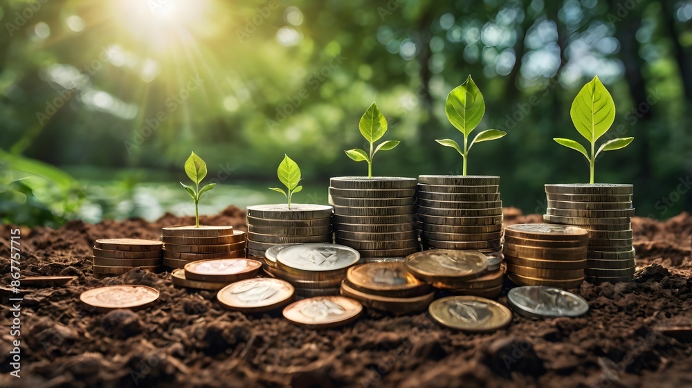 Trees sprouting from coin stacks, with a background graph growth in ...