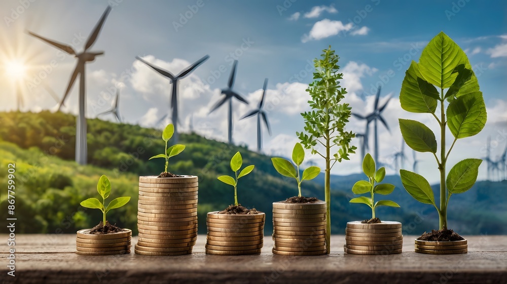 Trees sprouting from coin stacks, with a background graph growth in ...
