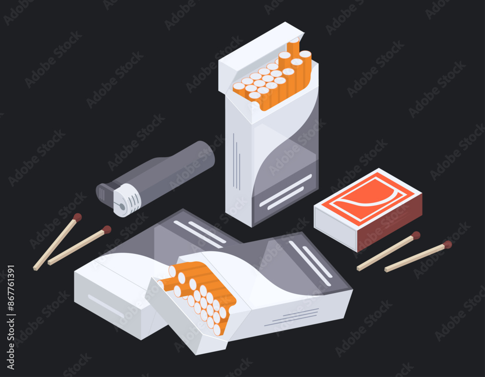 Isometric tobacco smoking products. Smoking accessories, nicotine smoke ...