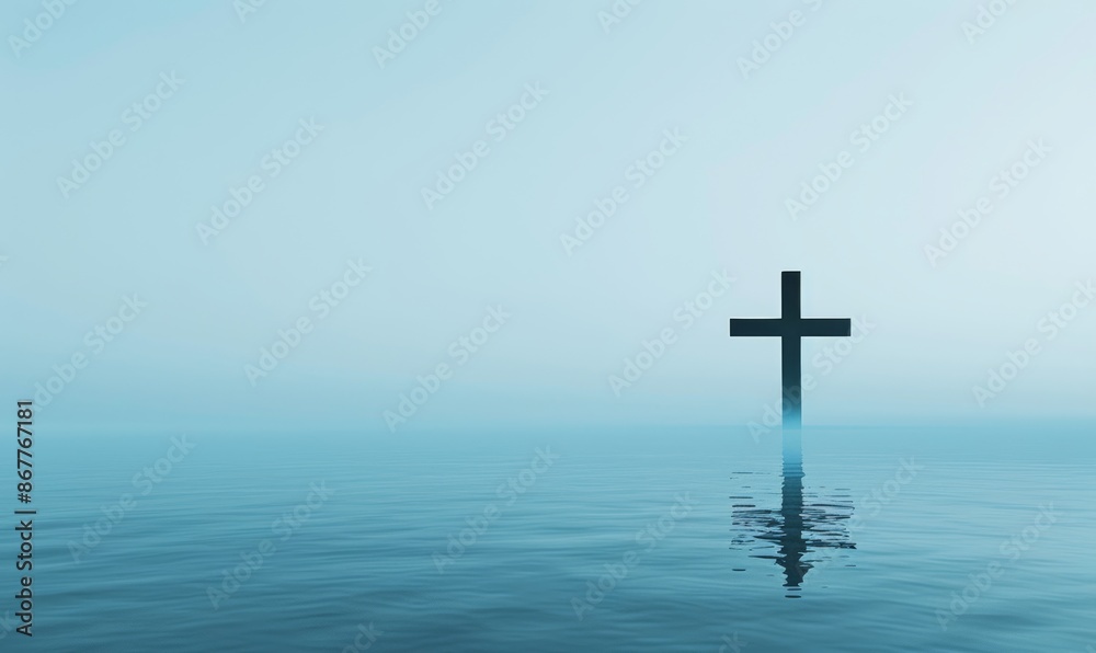 cross floating on water with minimalistic blue background, calm sea and ...