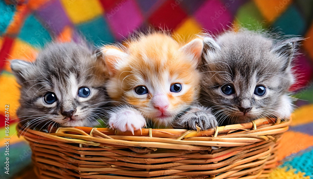 Foto de Stock tres gatos domesticos bebes en una canasta pequeños ...