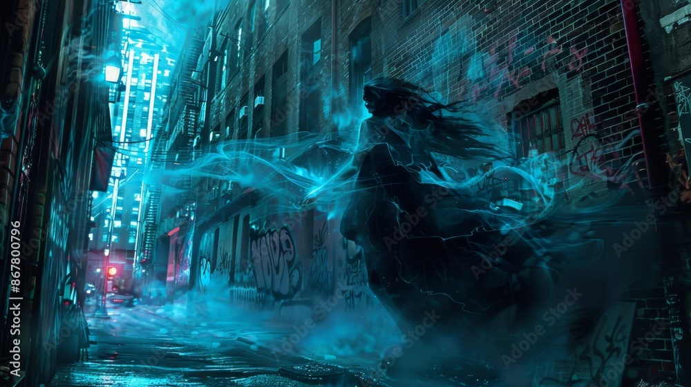 banshee in an urban setting, her spectral form blending with the mist ...