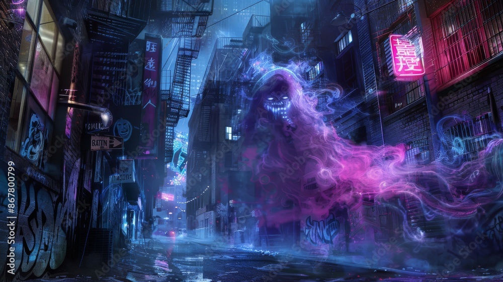 banshee in an urban setting, her spectral form blending with the mist ...