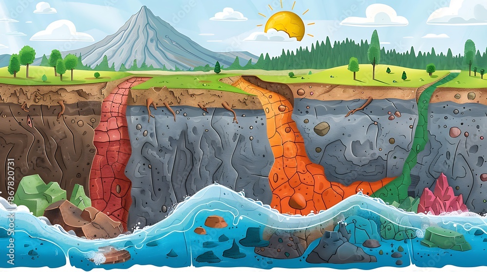 Educational visual aid illustrating rock cycle showing processes of ...