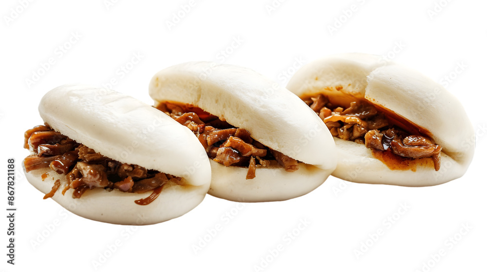 Realistic pork bao buns, perfectly steamed and cut open to reveal juicy ...