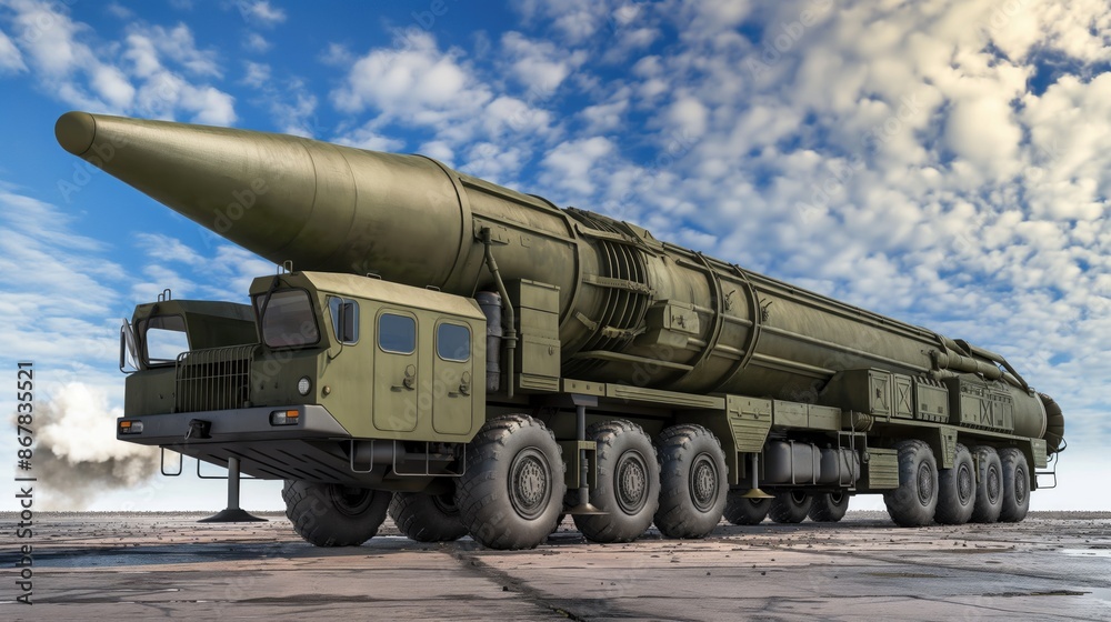 Military missile launcher truck on an airfield with a clear sky ...