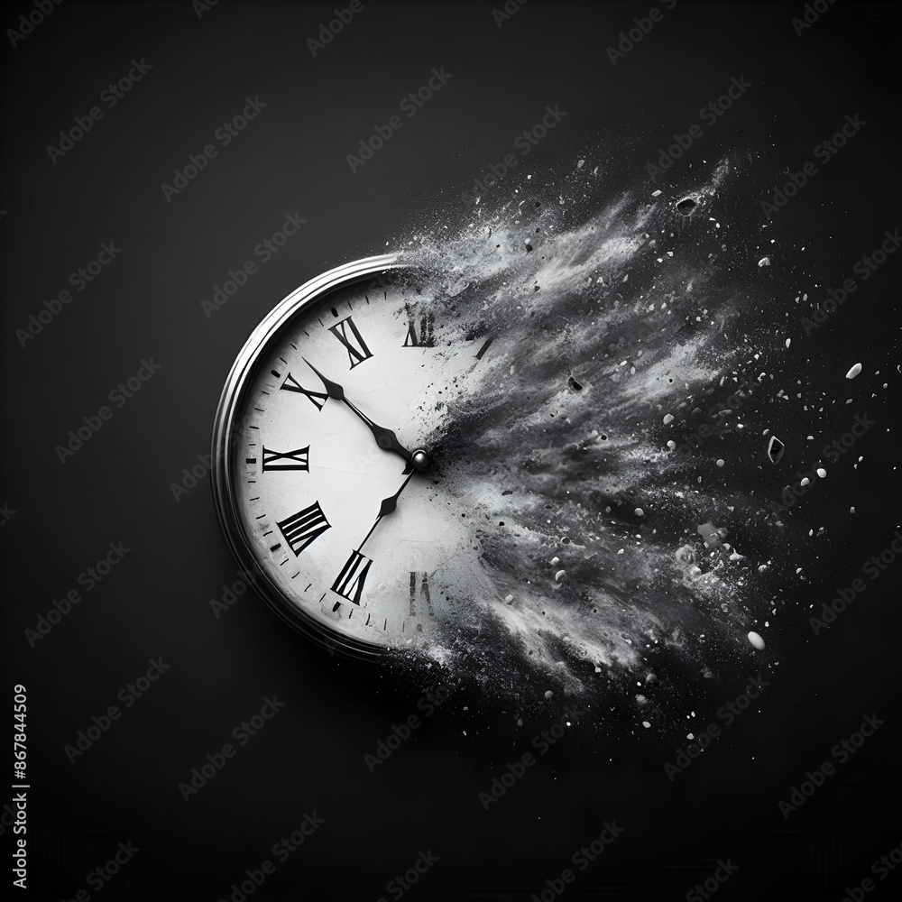 Fleeting time concept. Analog clock dissolving on black background ...