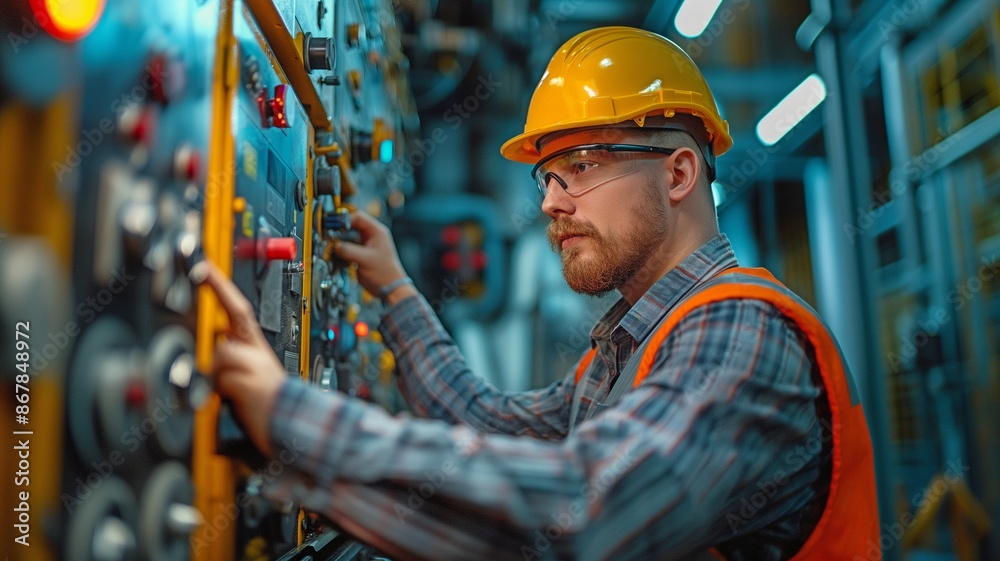 An employee with a safety helmet examines how the outdated device works ...