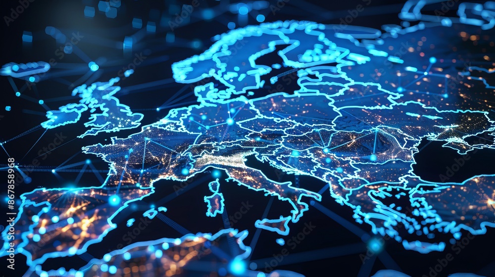 The image displays a map of Europe illuminated with vibrant blue lines ...