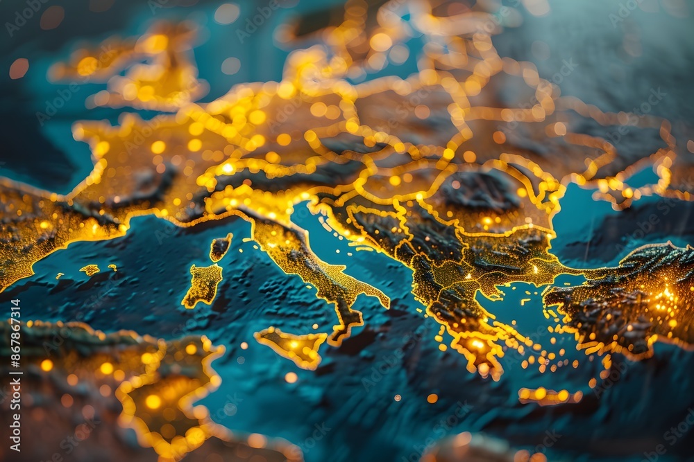 Illuminated Map of Europe Highlighting Major Cities and Borders Stock ...