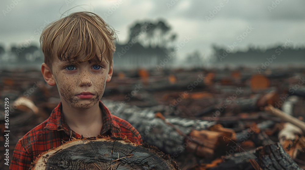 sad farmer little boy in deforested land, stumps ,the consequences of ...
