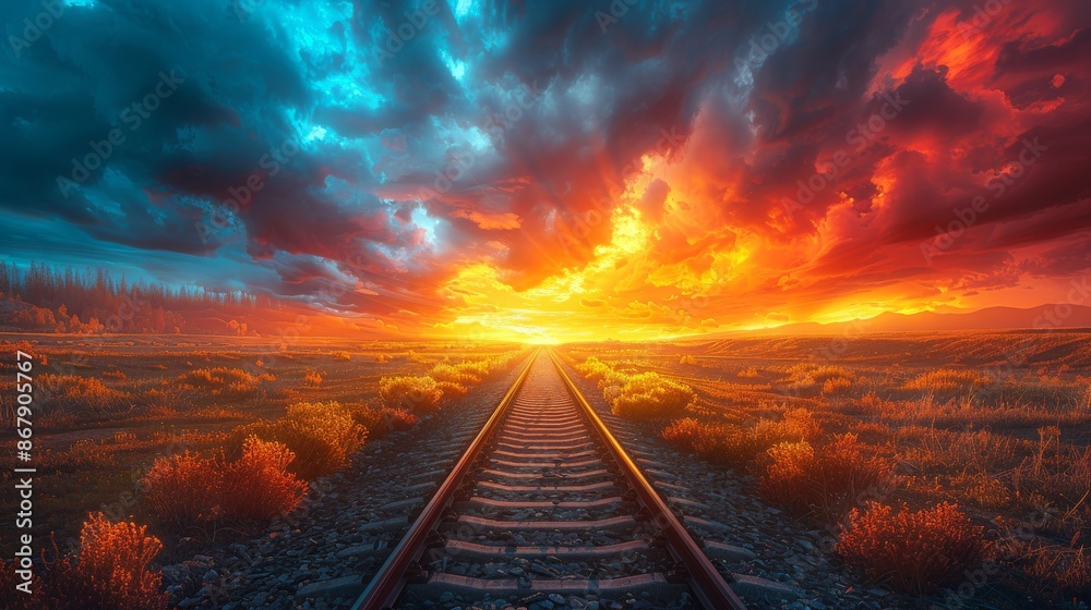 Railway track leading into a vibrant sunset with dramatic clouds, landscape. Adventure and ...