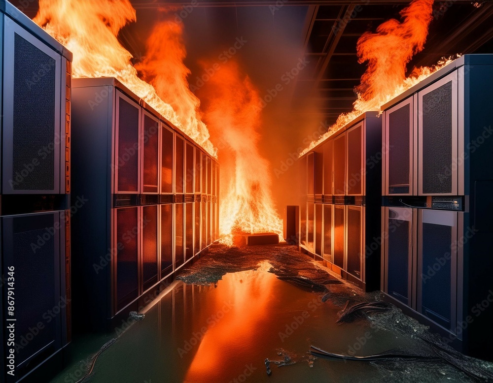 Data center engulfed in flames, highlighting the destructive impact of ...