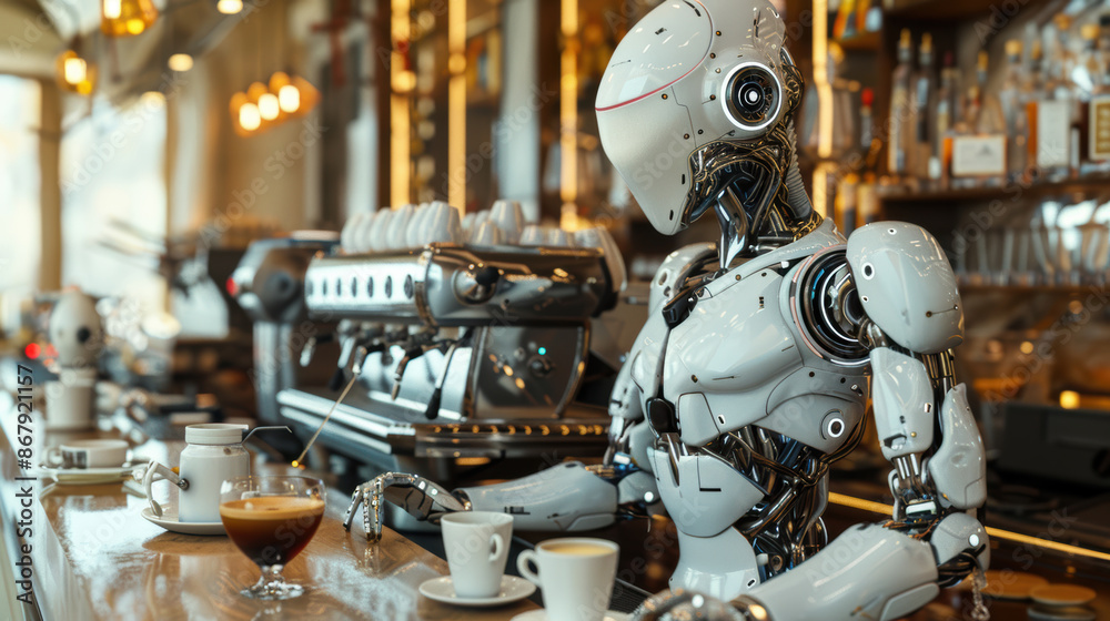 Futuristic robots prepare coffee behind a bar counter, showcasing ...
