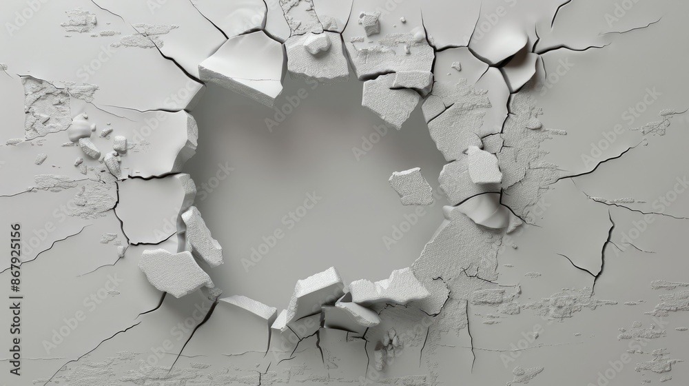Broken white wall with a large hole in the center. cracked concrete or ...