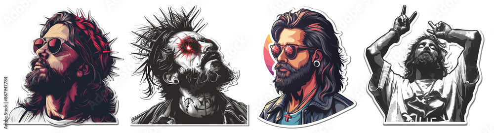 Jesus Christ punk rock sticker with shadow collection set isolated PNG ...