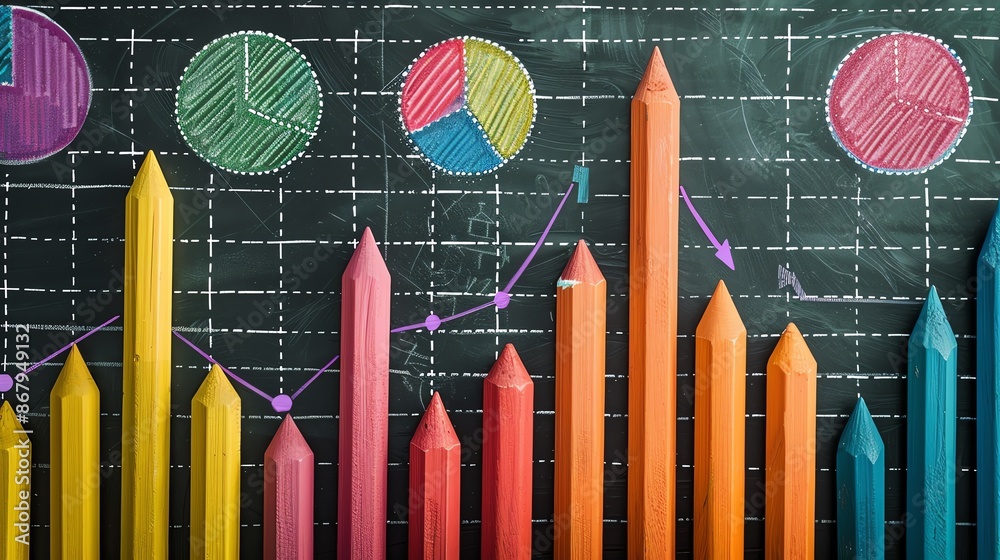 Colorful charts and graphs made from pencils on a blackboard background ...