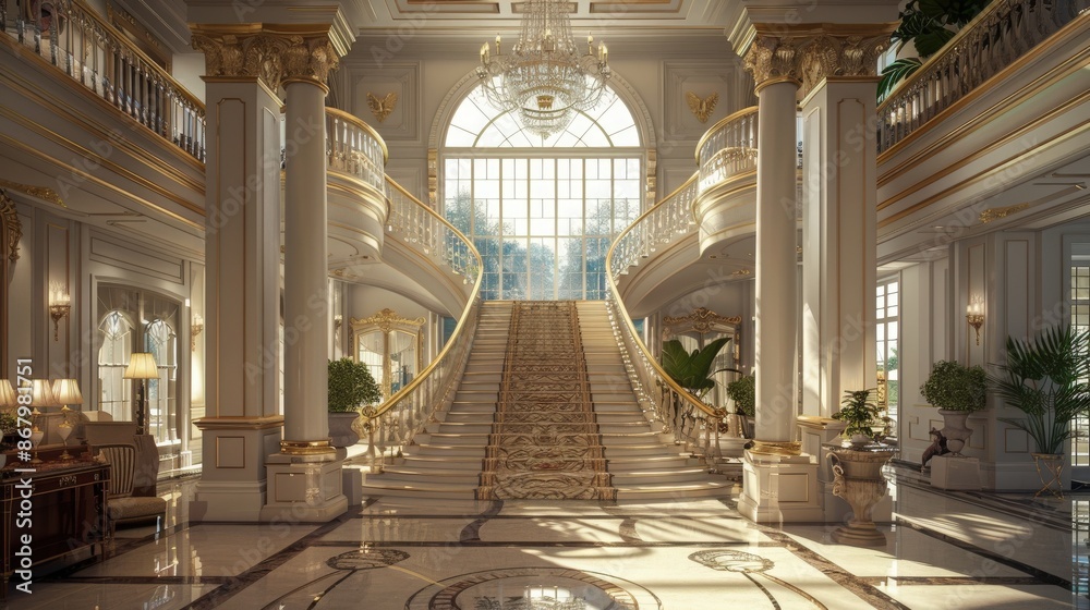 Grand luxurious staircase in an opulent hall with elegant architecture ...