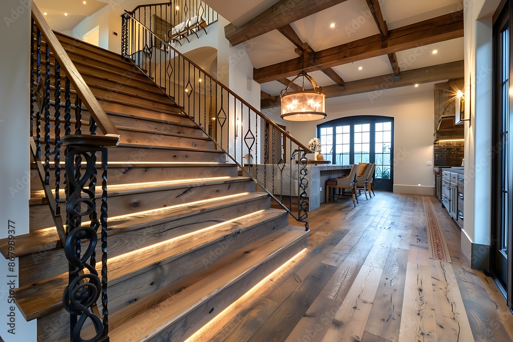 Rustic wooden stairs with wrought iron railings and subtle RGB lighting ...