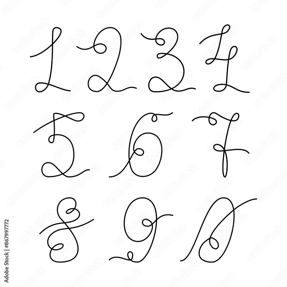 Hand drawn Numbers 0 to 9 continuous line. Number set in minimalistic ...