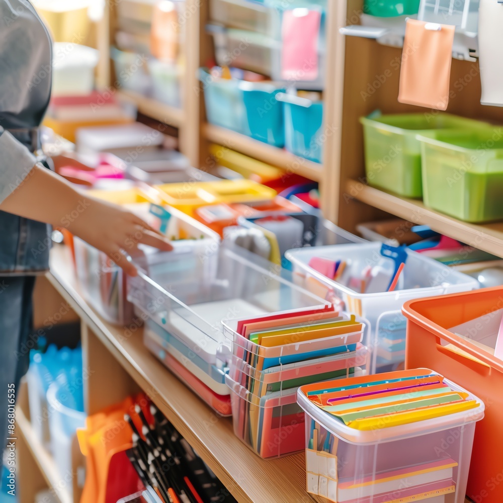 Teacher organizing classroom materials and labeling supplies, neat ...