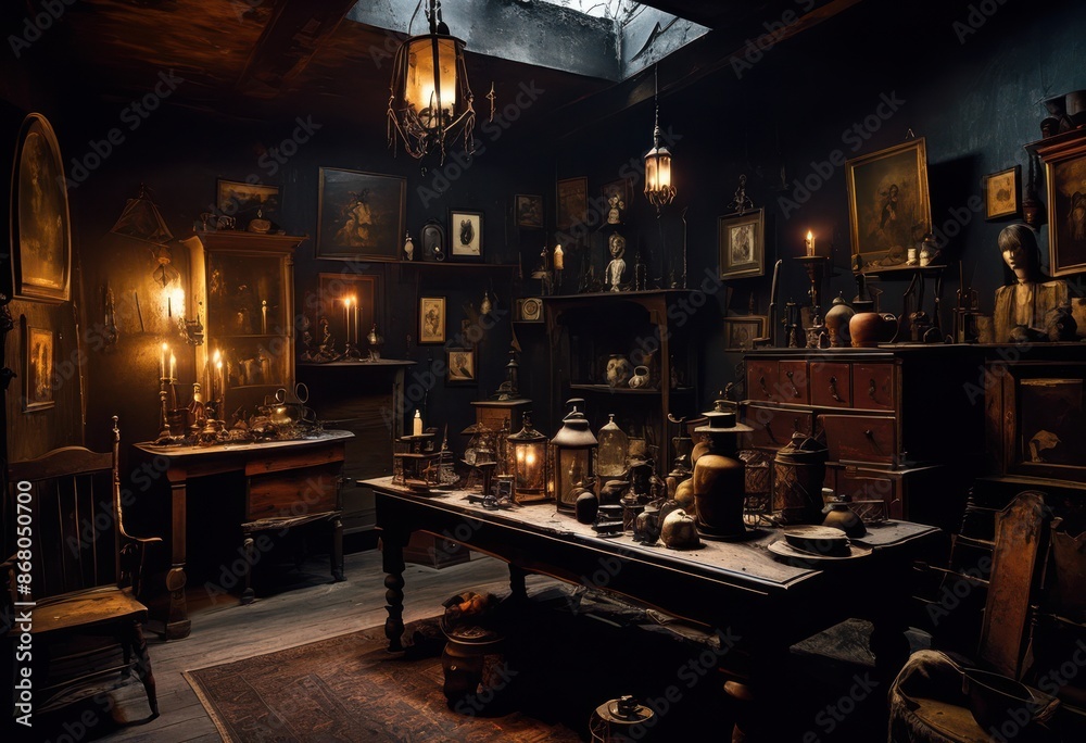 eerie attic filled dusty creepy relics haunted space, antique ...