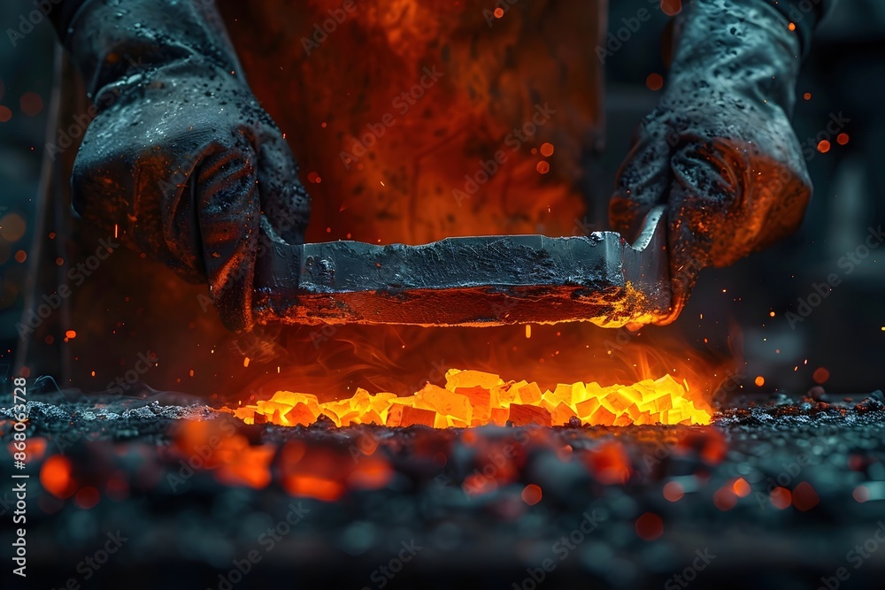 Metalsmith's Hands Skillfully Lifting Scorching Steel Billet from ...
