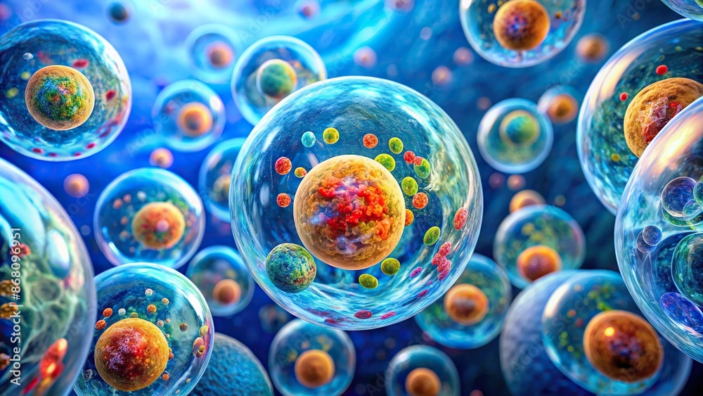 Colorful 3D illustration of microscopic human cells with vibrant nuclei ...