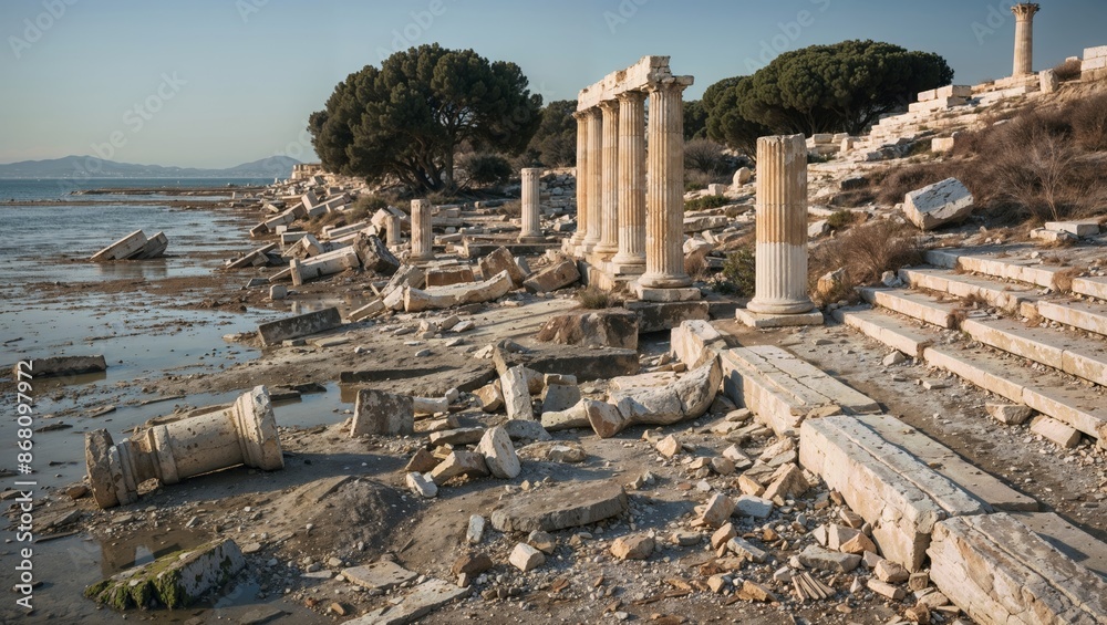 Ruined temple on a shoreline with broken columns and steps Stock Photo ...