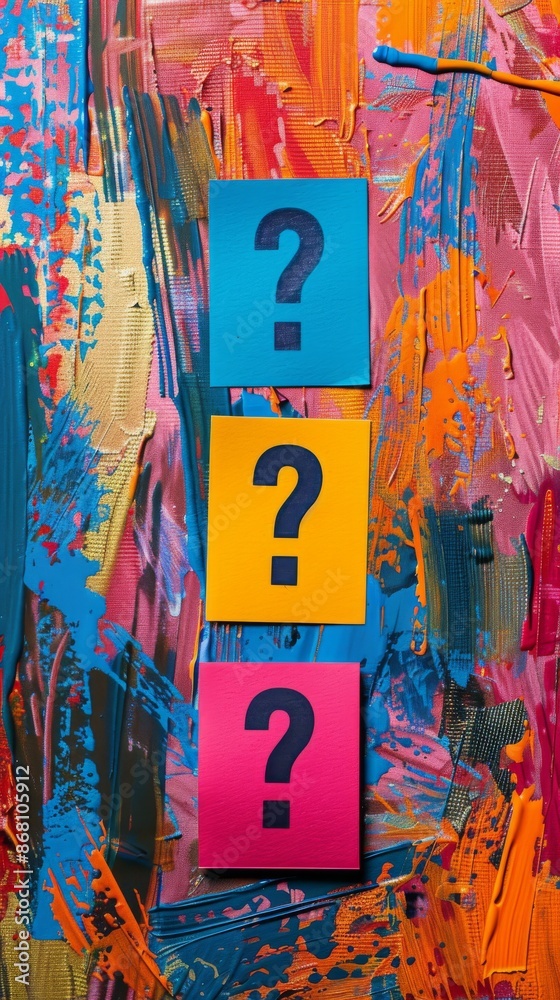 Colorful abstract painting with three question marks on sticky notes ...