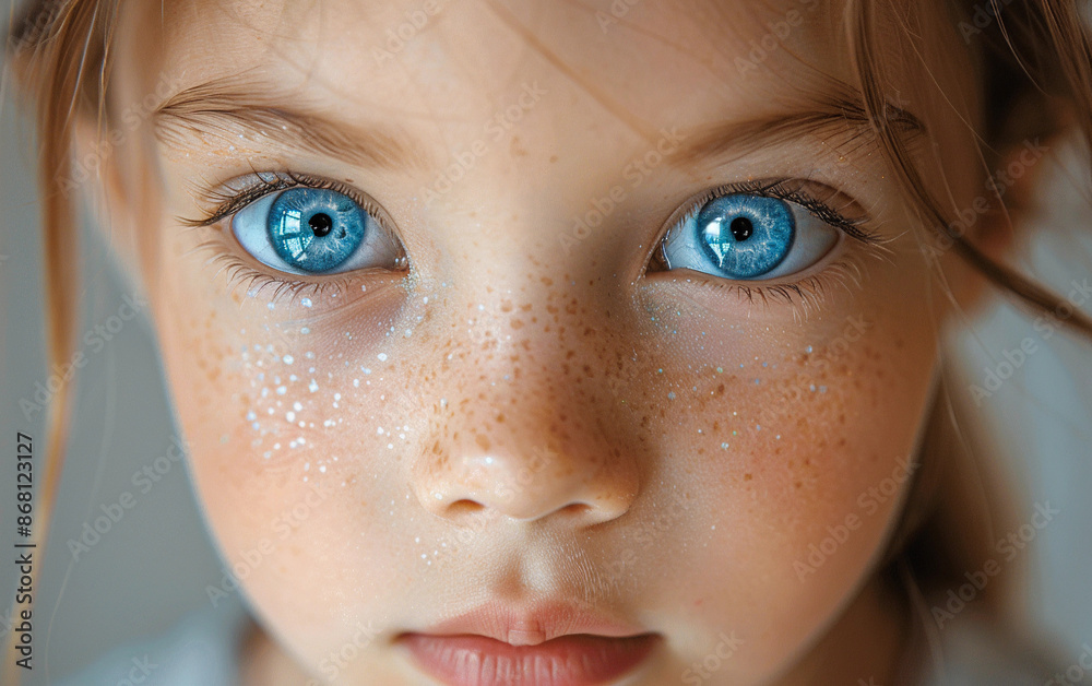 A close-up portrait of a young girl with bright blue eyes and freckles ...