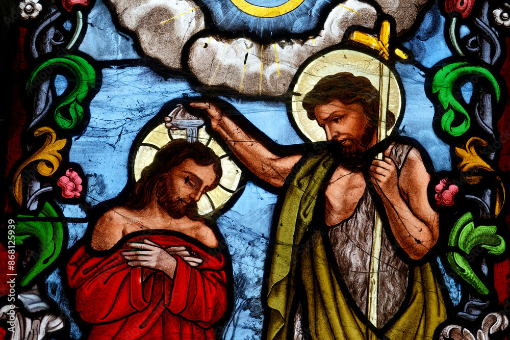 Baptism of Jesus by John the Baptist in the Jordan river. Baptême de ...