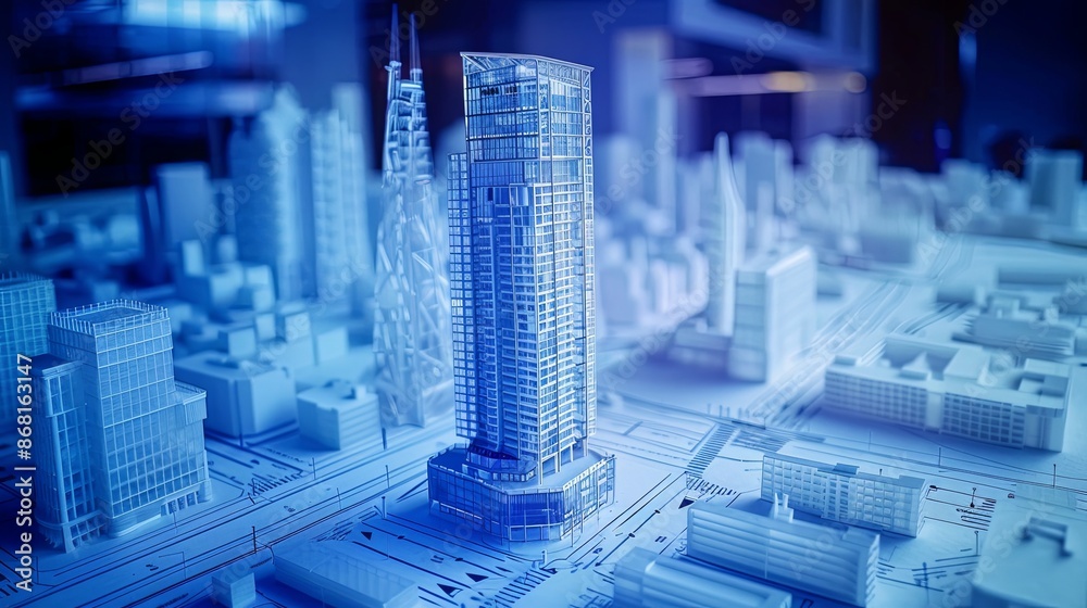 Architectural blueprint of a modern skyscraper model at a busy ...