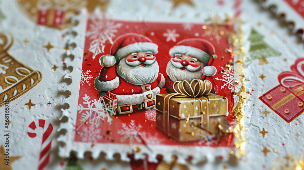 christmas postage stamp, Christmas stamp decorated in red and gold ...