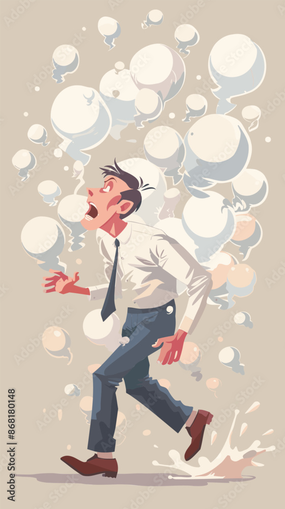 Frustrated Businessman Flees Collapsing Speech Bubbles, Overwhelmed by ...