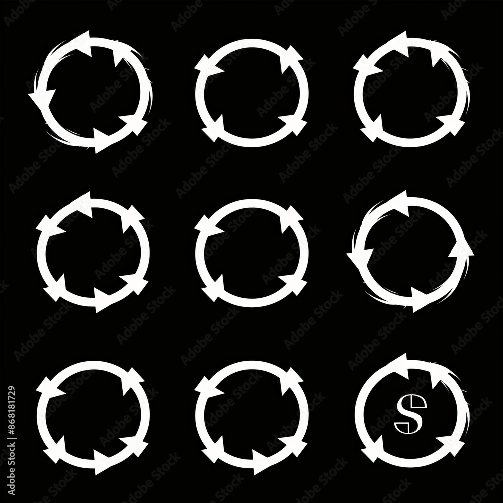 Set of black icons depicting various arrows, including circle arrows ...