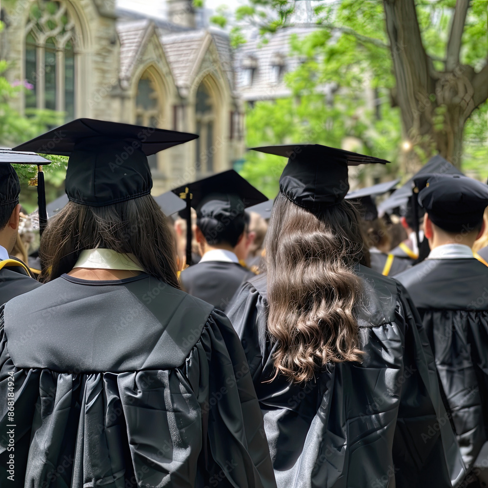 Back side view a group higher education graduation of graduates during ...