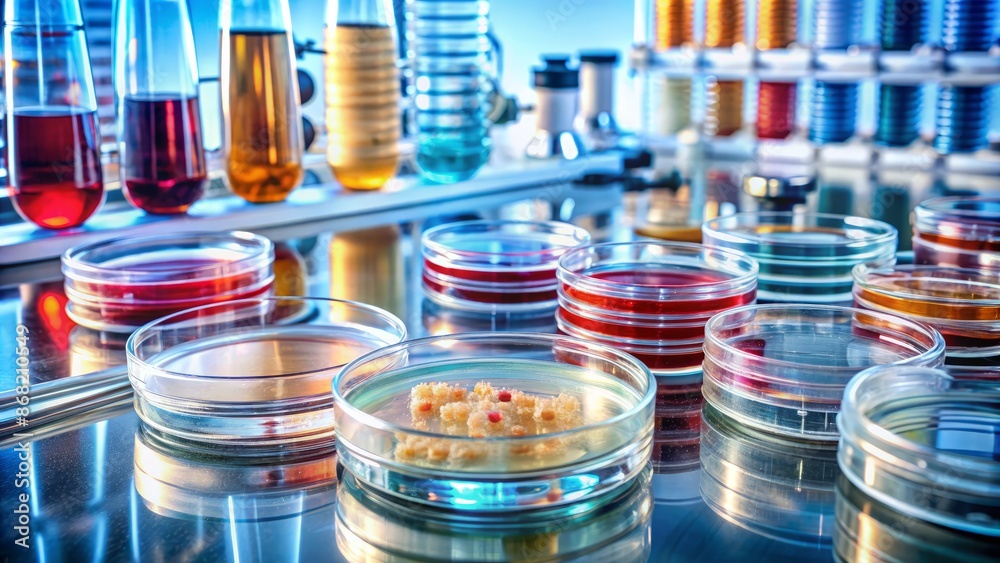 Microscopic view of a sterile laboratory setup with petri dishes, test ...