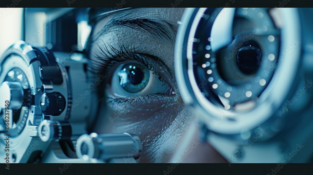 Realistic photograph of patient undergoing comprehensive eye exam with ...