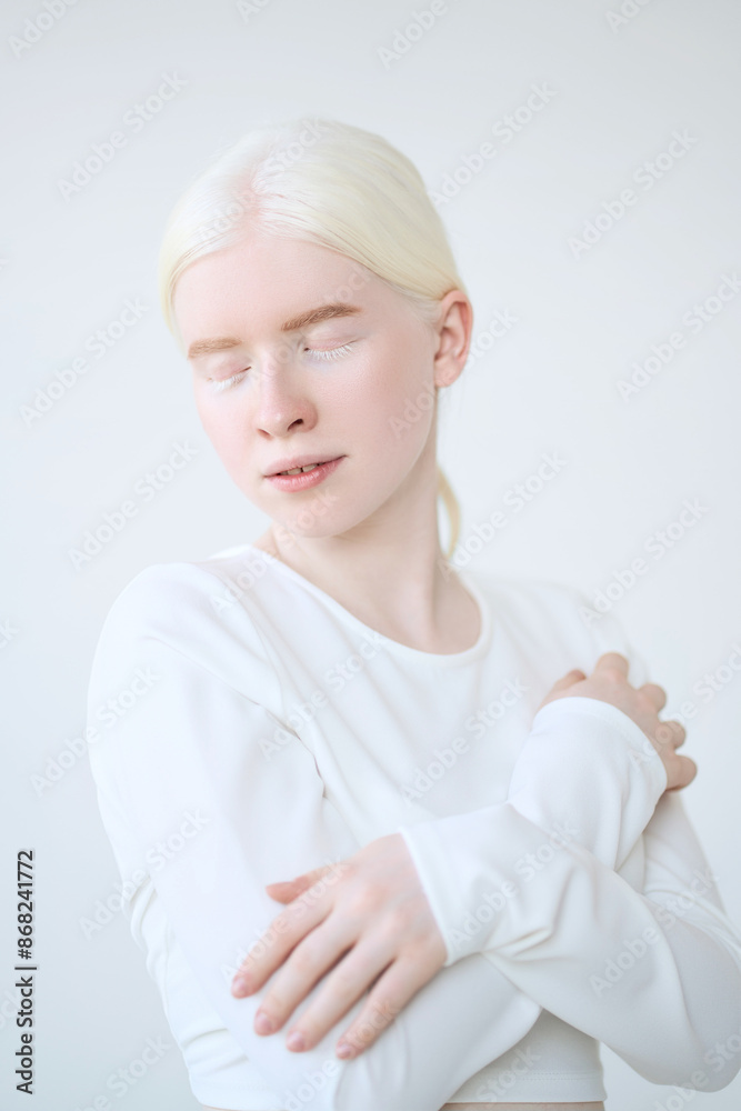 Pretty albino teen girl, beautiful unique female model in white with ...
