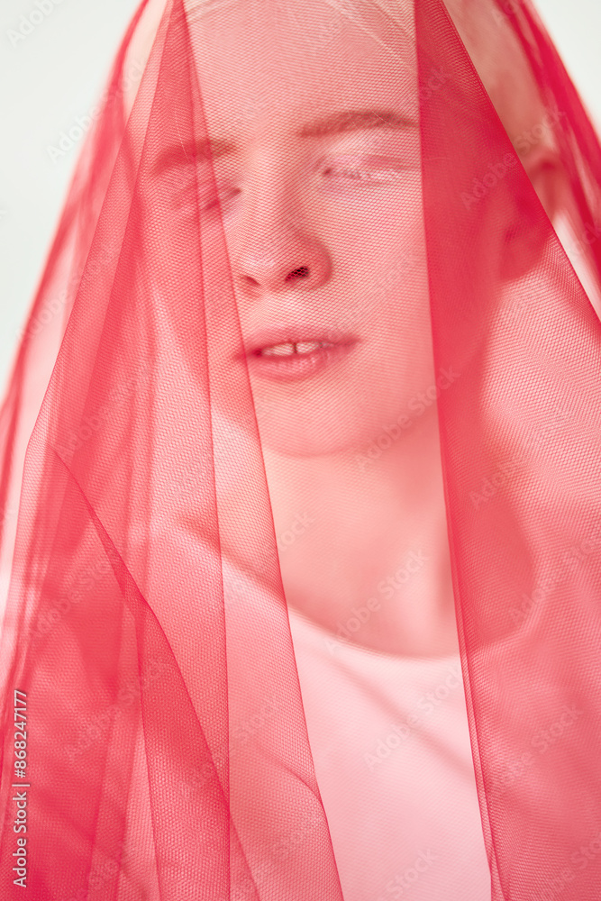 Albino teen girl, beautiful unique woman model covered with red veil on ...