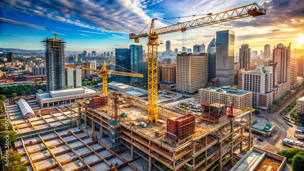 Bird's eye view of sprawling construction site with towering crane and ...