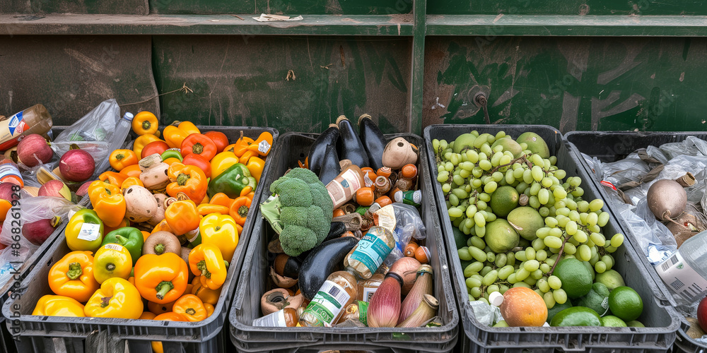 Food waste and loss. Bins full of discarded fruits and vegetables ...