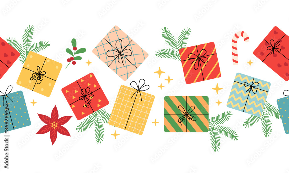 Seamless festive border with Christmas gifts. Pattern with colorful ...