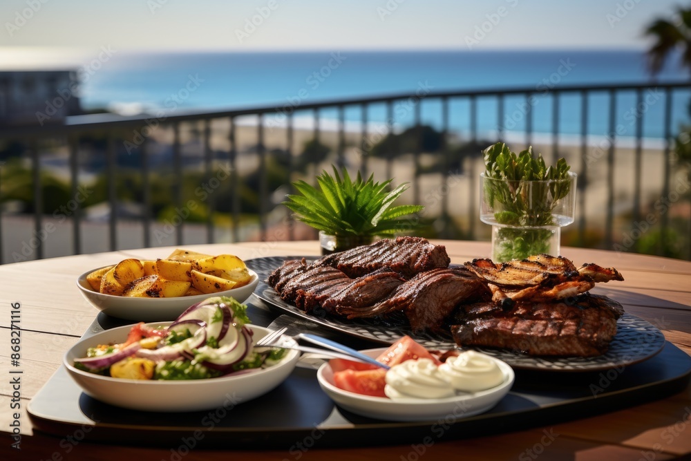Australian barbecue spread on a coastal terrace with oceanfront village ...
