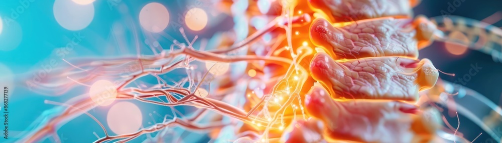 Spinal cord with visible nerve pathways and impulses, nervous system ...