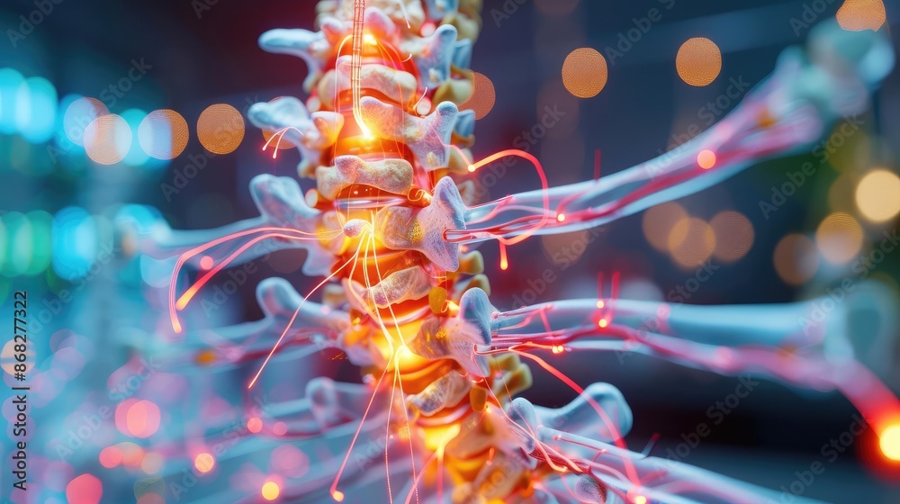 Cross-section of spinal cord with highlighted nerve pathways, nerve ...