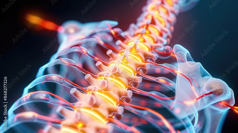 Cross-section of spinal cord with highlighted nerve pathways, nerve ...